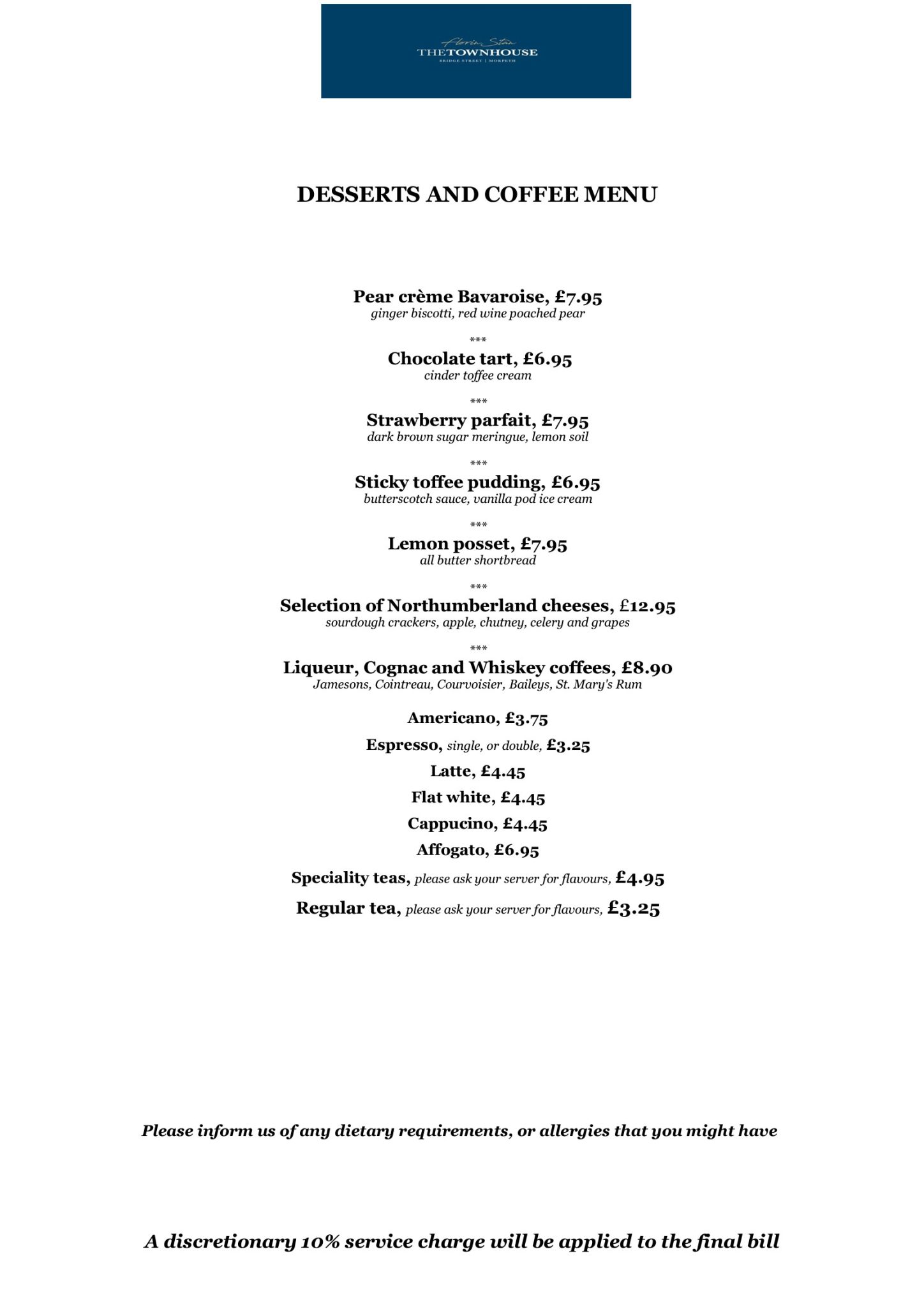 Menus – Town House Morpeth